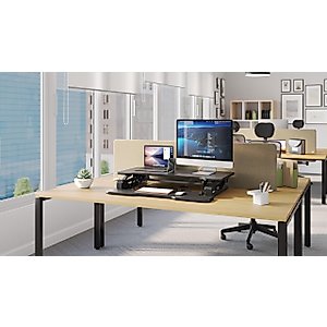 Mount-It! Height Adjustable Standing Desk Converter, 38” Wide, Stand Up Desk Riser for 2 Monitors, Manual Gas Spring Desktop Raises to 16.9", Fits Two Monitor Screens with Keyboard Mouse Tray in Black