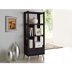 Baxton Studio Kalien Modern & Contemporary Wood Leaning Bookcase with Display Shelves & One Drawer, Dark Brown