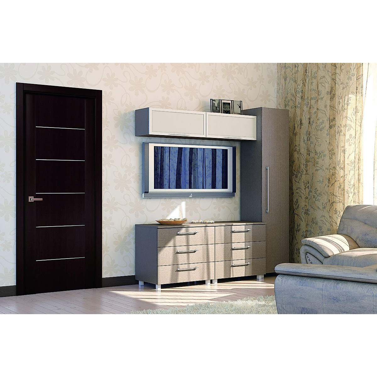 SARTODOORS Brown Modern Door 28 x 80 with 3D Strips | Planum 0030 Wenge | Frame Trims Lever Satin Nickel Hardware | Closet Solid Core Door