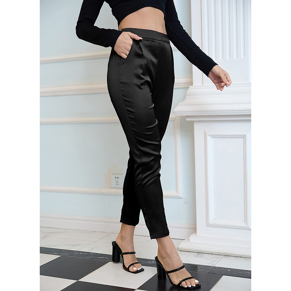Women's Satin Silky Pants Dress Casual Pull on High Waist Pants with Pockets Drapeblack X-Large