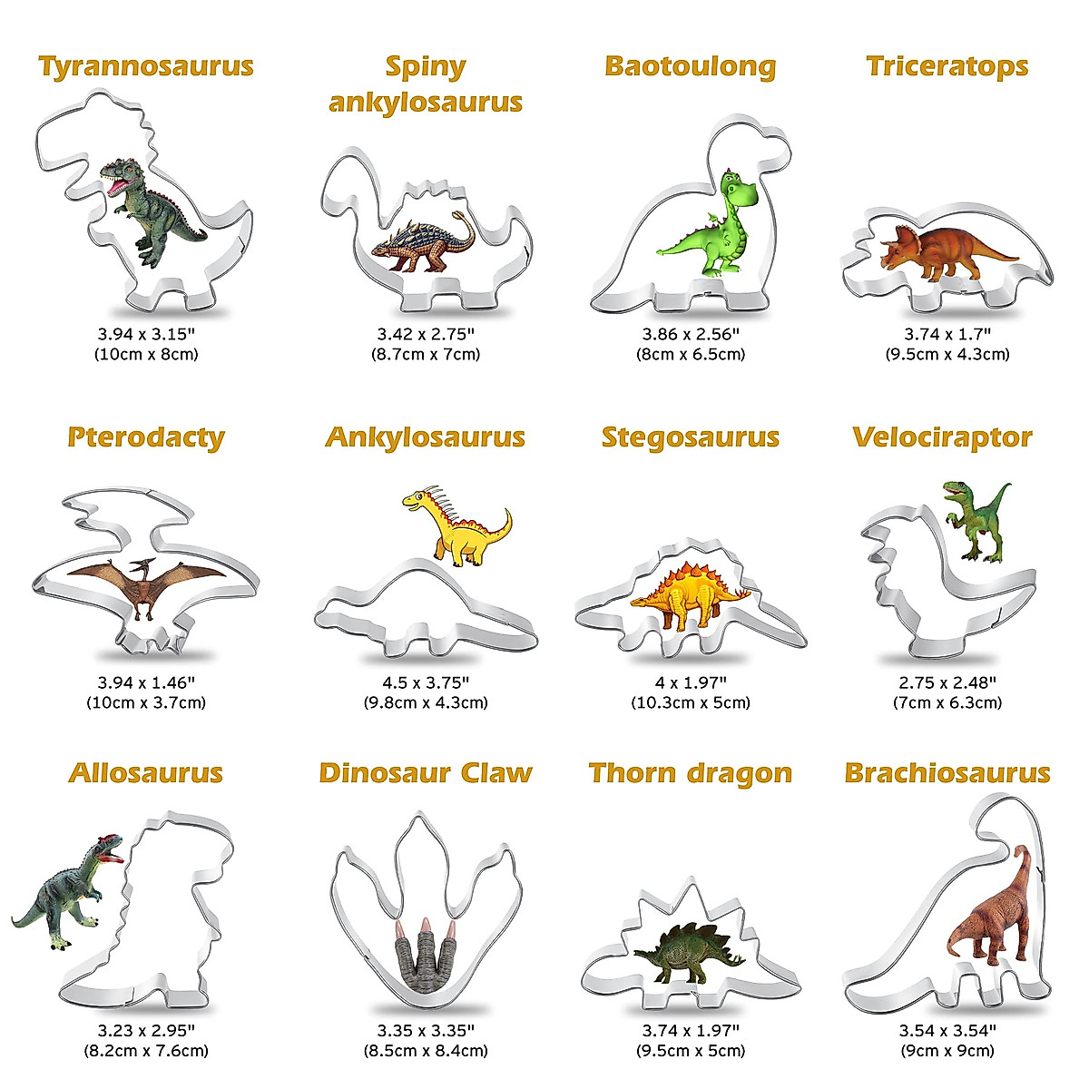 FACATH Dinosaur Cookie Cutters Set, 12 Piece Stainless Steel Shaped Cookie Candy Food Cutters Molds for DIY, Kitchen, Baking, Kids Dinosaur Theme Birthday Party