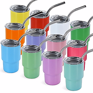 FECBK 3 oz Mini Tumbler Shot Glass with Straw and Lid 12 Pcs Sublimation Shot Glasses Tumblers Stainless Steel Mini Shot Glasses with Lids for Wedding Party Whiskey Cocktail Bar, 12 Colored