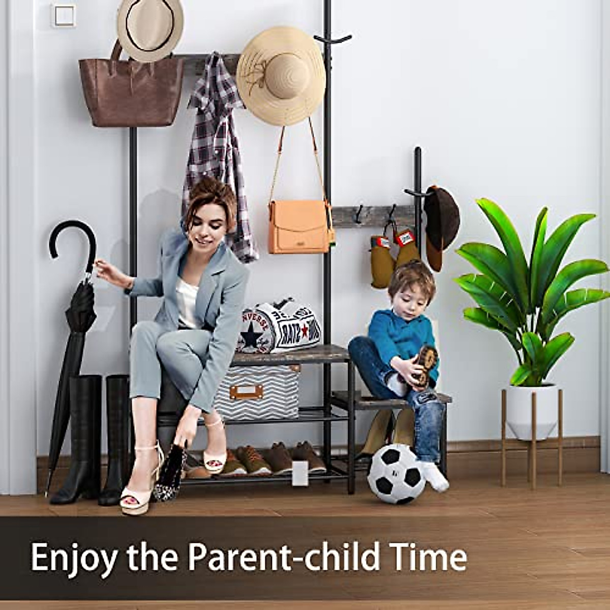 Parent-Child Hall Tree Coat Rack Shoe Bench Entryway Sturdy Shoe Rack Storage Shelf Organizer, 3-in-1 Functional Hall Tree Industrial Rustic Wood Metal Furniture for Entrance, Foyer, Mudroom