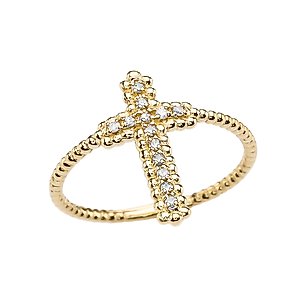 14k Yellow Gold Dainty Diamond Cross Beaded Index Ring(Size 6)
