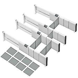 JONYJ Drawer Dividers Organizer 4 Pack, Adjustable Separators with 8 Inserts 4" High Expandable from 11-17" for Bedroom, Bathroom, Closet, Clothing, Office, Kitchen, Strong Secure Hold, White