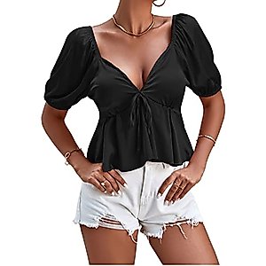 LYANER Women's Satin Deep V Neck Puff Short Sleeve Tie Front Ruffle Hem Blouse Crop Peplum Top Black Medium