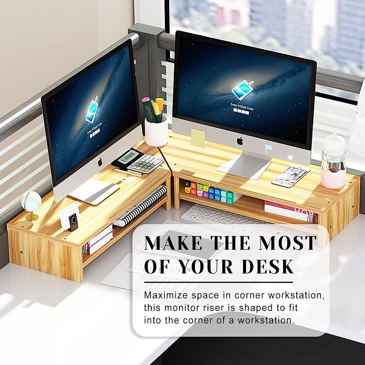 Wooden Dual Monitor Riser with Storage Shelf, Ergonomic Computer Monitor Stand, Workstation Large Screen Riser, L Shaped Desktop Corner Shelf