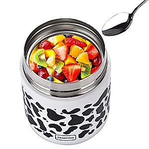 ZEMPRO Cute 10 Oz Thermos Food Jar for Hot & Cold Food Soup Wide Mouth Leak Proof Stainless Steel Insulated Vacuum Container Small Travel Work Lunch Bento(Cow Print)