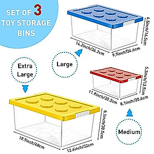 Thyle 18.9'' 3 Pcs Toy Storage Organizer Bins with Lid Toy Organizer Clear Stackable Storage Bins Box Plastic Brick Shaped Containers for Organizing Kids Crafts Puzzles Building Blocks, Yellow, Blue