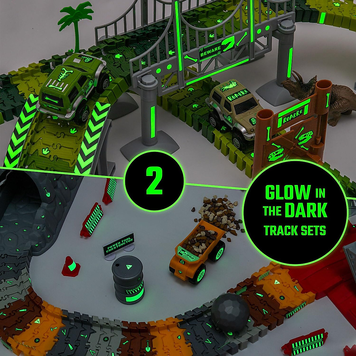 JITTERYGIT Dino Track Train and Construction Track Site Christmas Bundle Gift, Glow in The Dark Playset Racing Play Site Set,Cool Racetrack Present for Children, Ages 3 4 5 6 7 8 9 Years Old