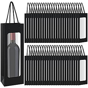 50 Pcs Wine Gift Bag with Window 4.9" x 3.6" x 14.2" Kraft Paper Wine Bags with Windows Kraft Paper Flower Wrapping Bag Transparent Window Bags for Valentine's Day Birthday Wedding Party Gift (Black)