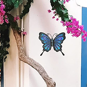 HONGLAND Metal Butterfly Wall Decor Glass Outdoor Wall Art Sculpture Hanging Garden Decorations Blue for Home Garden