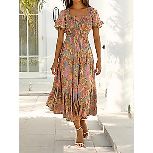 ZESICA Women's 2025 Summer Boho Floral Print Square Neck Ruffle Swing Beach Long Maxi Dress,GreyGreen,Medium