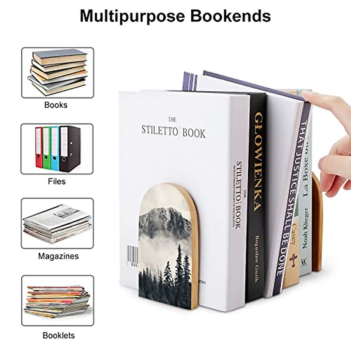 Hon-Lally Forest Tree Foggy Mountain Pattern Wood Bookends Decorative Bookend Non-Skid Office Book Stand for Books Office Files Magazine, One Size