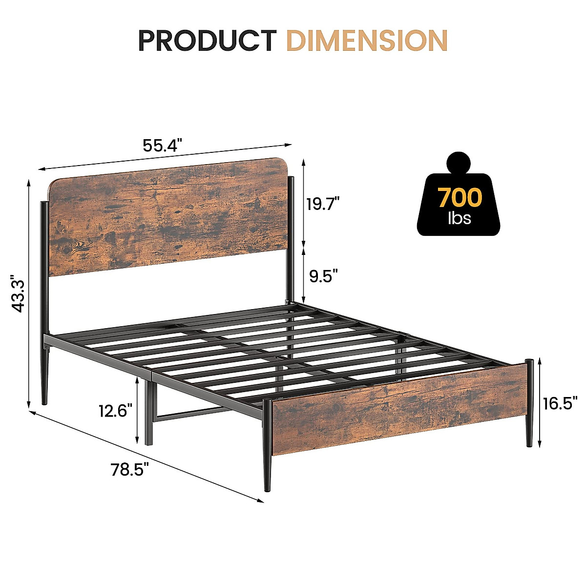 IDEALHOUSE Full Size Metal Bed Frame with Wooden Headboard and Footboard, Platform Full Bed Frame with Under Bed Storage, Strong Metal Slat Support, No Box Spring Needed, Brown