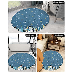 Christmas Snowman Fluffy Round Area Rug Carpets 3.3ft, Plush Shaggy Carpet Soft Circular Rugs, Non-Slip Fuzzy Accent Floor Mat for Living Room Bedroom Nursery Home Decor Blue Winter Tree Snowflake