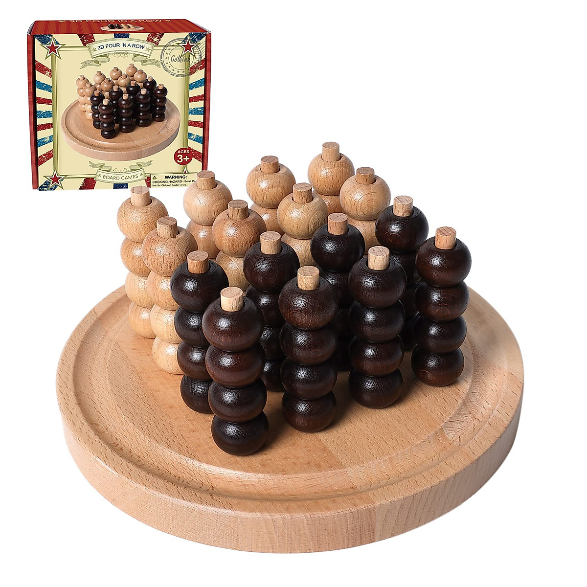 GOTHINK 3D Four in a Row, Challenge Your Mind with Handmade Birch Wood Board Game for 2 Players, Perfect for Kids and Adults