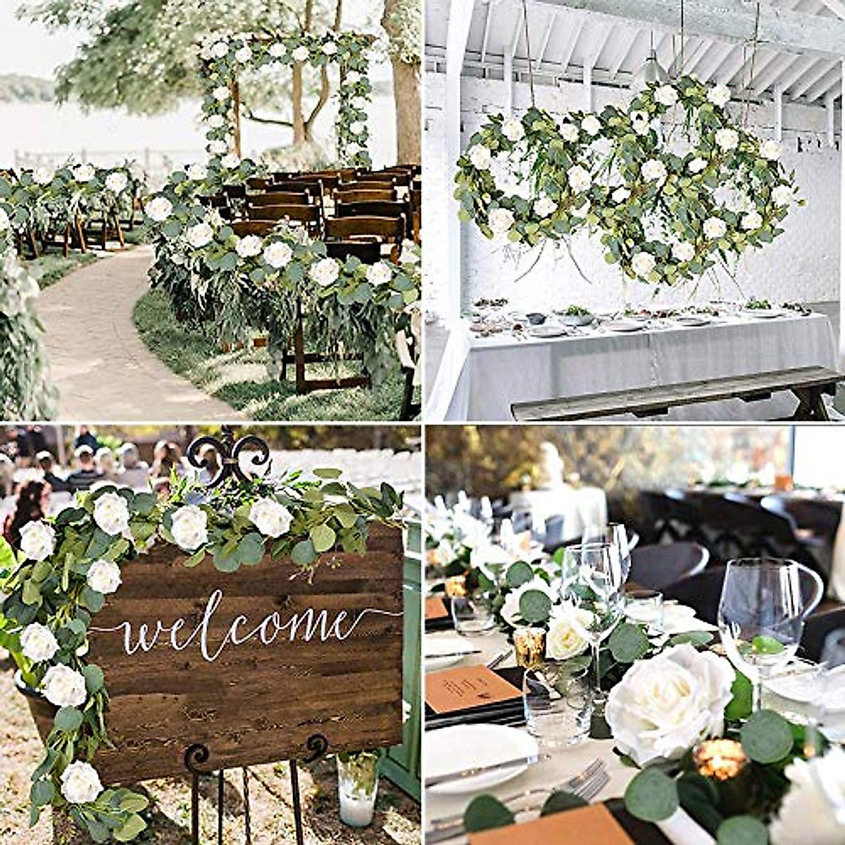 Menoeceus 2 Pack Artificial Silk Rose Vines Garland Fake Flower Plants Arts Hanging Decoration for Outdoor Indoor Home Kitchen Garden Office Wedding Ceremony Hotel Party Art Decor (White)