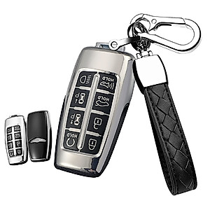 HIBEYO Key Fob Cover for Genesis G80 GV80 G70 GV70 2021 2022 Soft TPU Key Shell Case with Keychain Car Accessories Replacement Smart Remote Key 8 Button-Silver