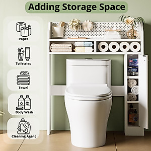 IRONCK Over The Toilet Storage Cabinet, Freestanding Bathroom Organizer with Door Cabinet & Open Shelves, Space-Saving Toilet Rack with Metal Pegboard and Wire Basket for Bathroom, Laundry Room, White