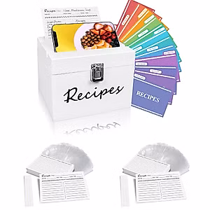 Fortuning's JDS Recipe Box with Cards and Dividers, Pinewood Recipe Organizer with 100 Double Sided 4x6 Recipe Cards, 100 Card Sheet Protectors, 12 Dividers and 2 Label Stickers
