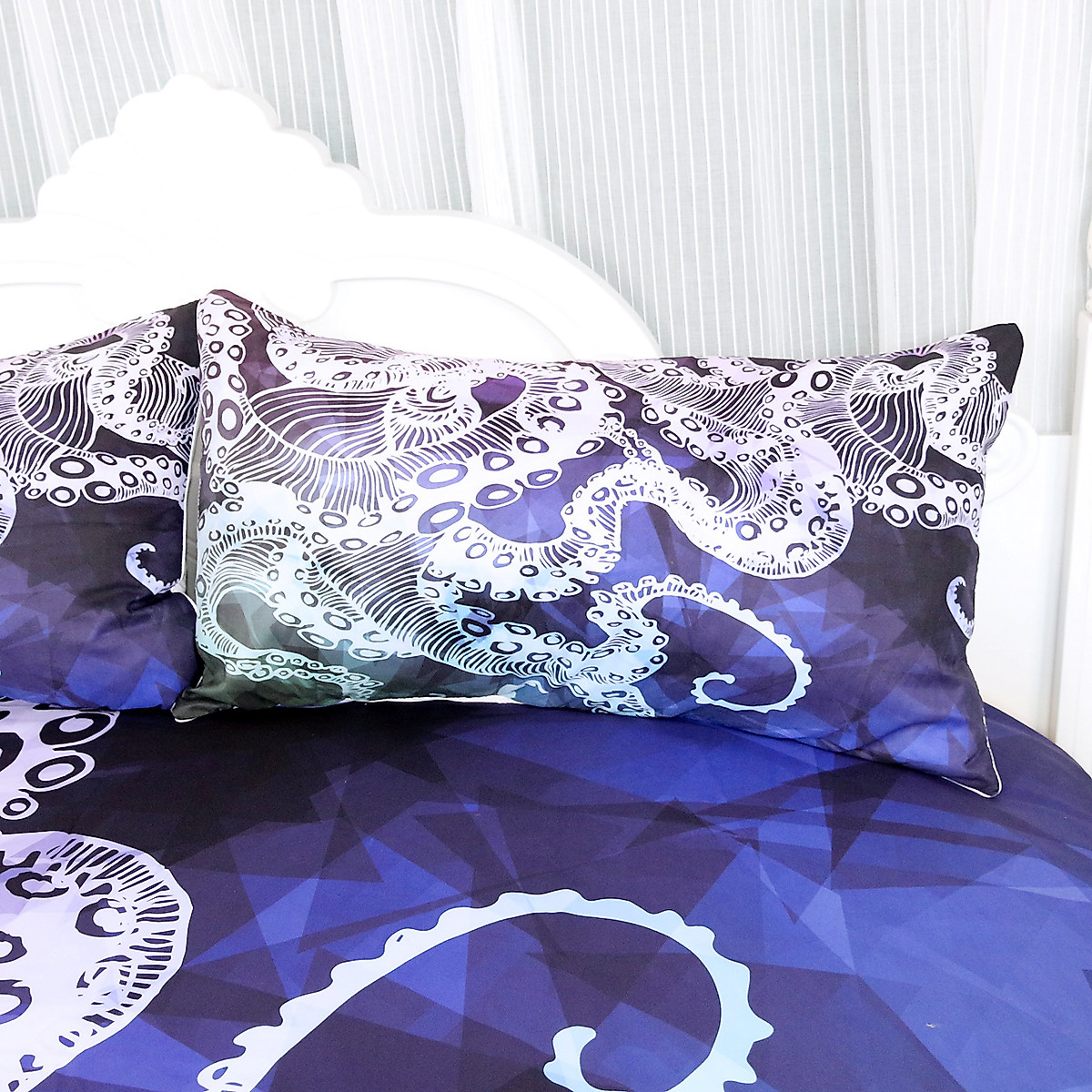 ARIGHTEX Octopus Duvet Cover Geometric Design 3D Octopus Bedding Set Nautical Ocean Blue Bed Linen Duvet Cover Set (Queen)