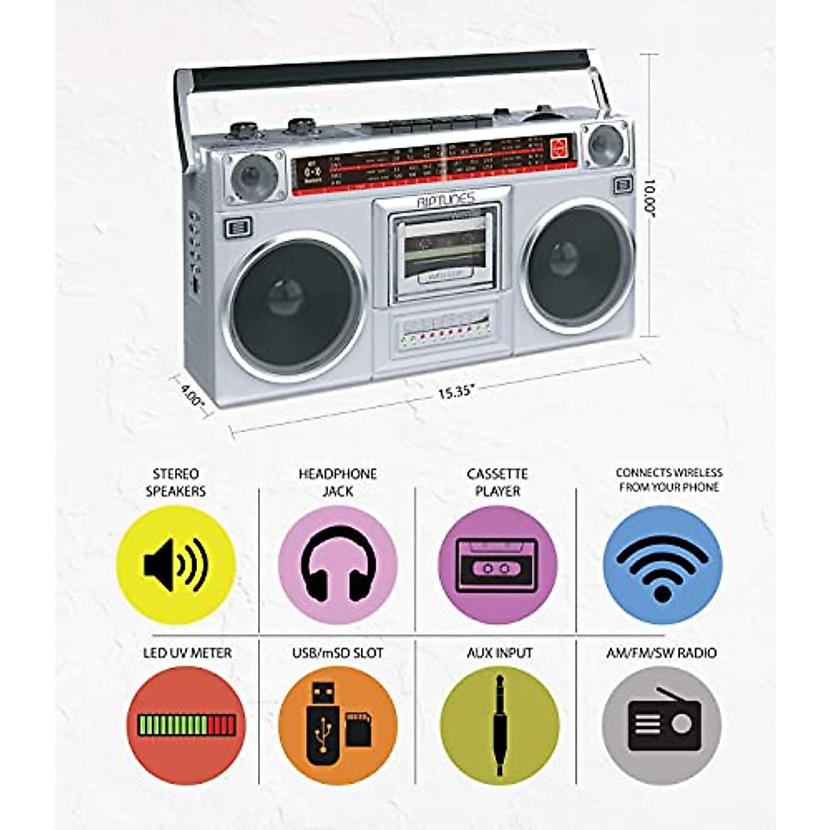 Riptunes Boombox Radio Cassette Player Recorder, AM/FM -SW1/SW2 Radio, Wireless Streaming, USB/Micro SD Slots, Aux in, Headphone Jack, Convert Cassettes to USB/SD, Classic 80s Style Retro, Black