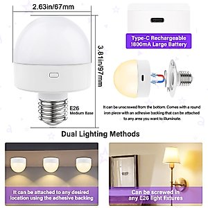 Rechargeable Light Bulbs with Remote,350LM Detachable E26 Battery Operated Light Bulb with Dimmable＆Timer＆15 Colors Selectable,Wireless Puck Emergency Lamp for Wall Sconce,Non-Hardwired,2-Pack