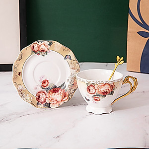 fanquare Orange Flower Tea Cup and Saucer Set, 7oz Porcelain Coffee Cup with Spoon, Pretty Tea Cup Set for Breakfast, Gift, Party