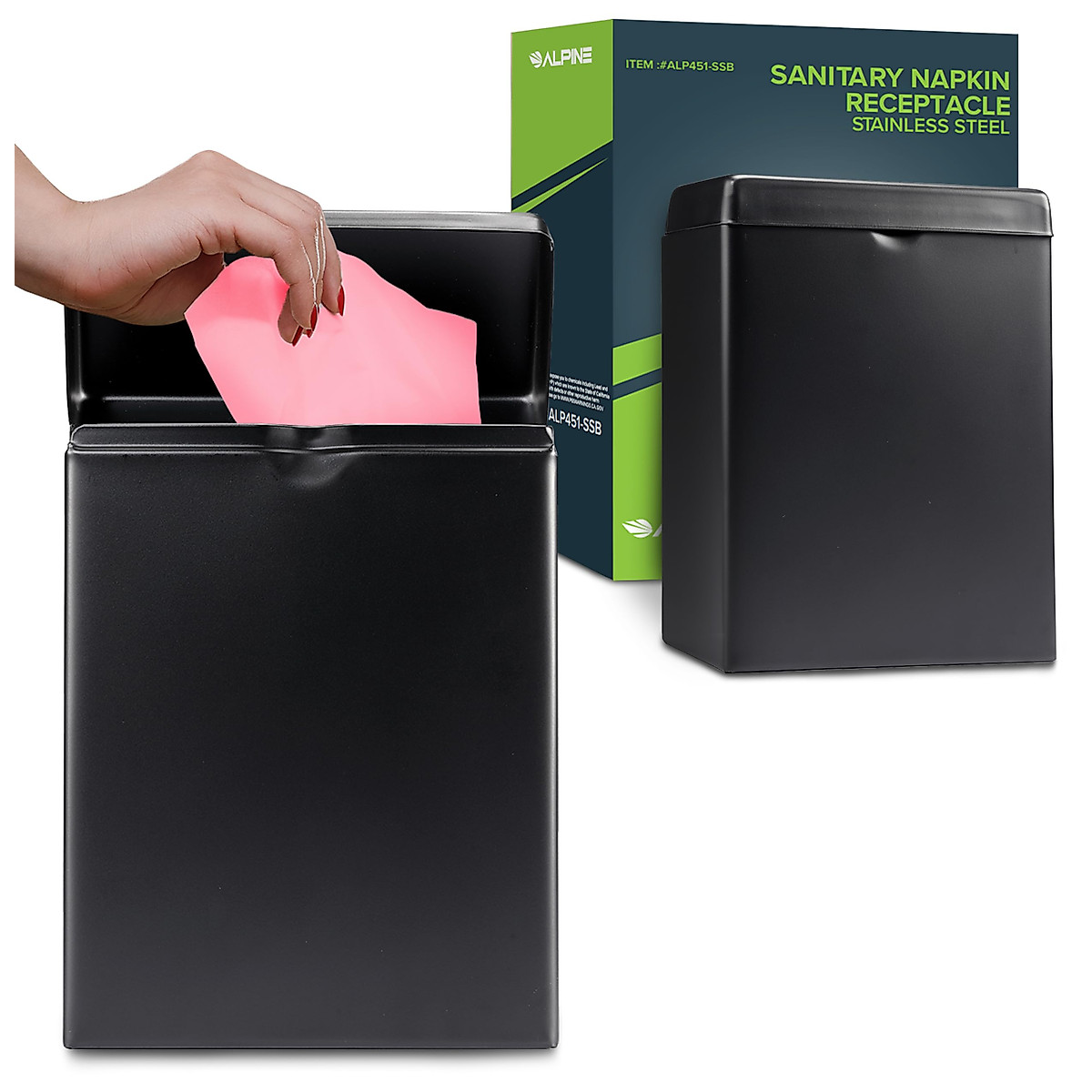 Alpine Sanitary Napkin Receptacle – Wall Mounted Tampon Holder for Bathroom Provides Clean & Odor-Free Restroom for Home, Office & Public Restrooms (Black)