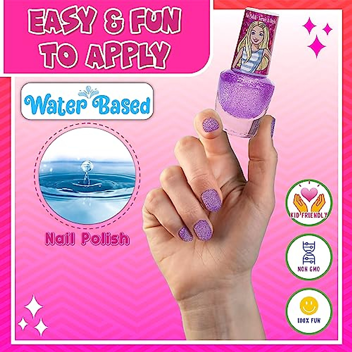 Townley Girl Barbie Non-Toxic Peel-Off Water-Based Safe Nail Polish Set with Nail Dryer for Kids, Batteries Not Included, Ages 3 and Up