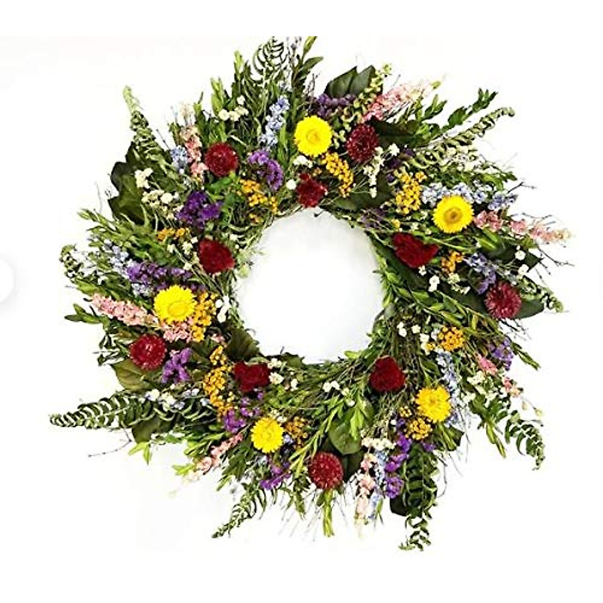 The Gathering Garden Fern and Flower. Dried Cockscomb & Strawflower Floral Spring Summer Fall Wreath 22 inch for Front Door.