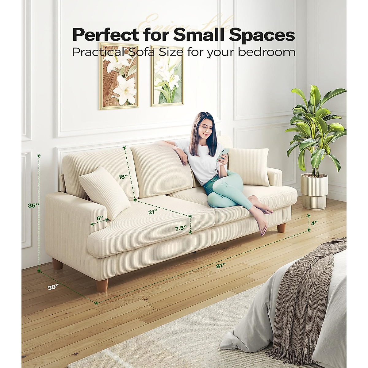 Kidirect 87in Beige White Sofa, Couches for Living Room 21in Extra Deep Seats, Comfy Corduroy Sofas for Living Room No Tool Assembly, Modern Oversized Love Seat with 2 Pillows, Sofa Couch for Bedroom