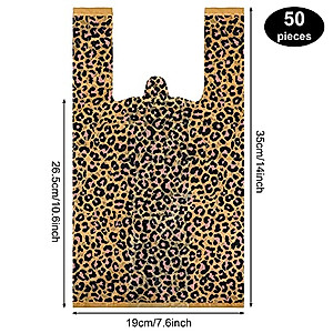 Outus 50 Pieces Leopard Print Plastic T-Shirt Bags Large Leopard Double-Print Treat Bags with Handles for Grocery Shopping Home Using, 5 Mil and 19 x 35 x 12 cm