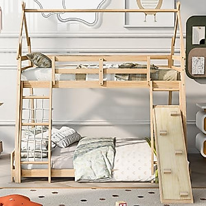 RORIGAT Twin Over Queen House Bunk Bed with Climbing Nets and Climbing Ramp, Wooden Low BunkBed Frame for Kids Boys Girls Bedroom,Natural