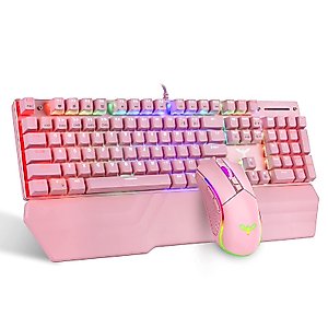 Havit Mechanical Keyboard and Mouse Combo RGB Gaming 104 Keys Blue Switches Wired USB Keyboards with Detachable Wrist Rest, Programmable Gaming Mouse for PC Gamer Computer Desktop (Pink) (Renewed)