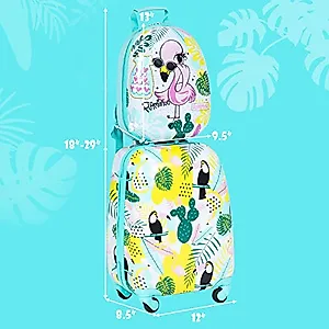 GYMAX Kids Carry On Luggage Set, 12" & 16" 2PCS Rolling Suitcase (Flamingos)