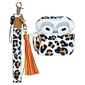 Airpods 3rd Generation Case with Keychain Wristlet, OULRAEFS Soft Silicone Skin Case Cute Airpod Case 3rd Generation Protective Case Cover with Wrist Lanyard for Airpods 3 2021 Gift for Women, Leopard