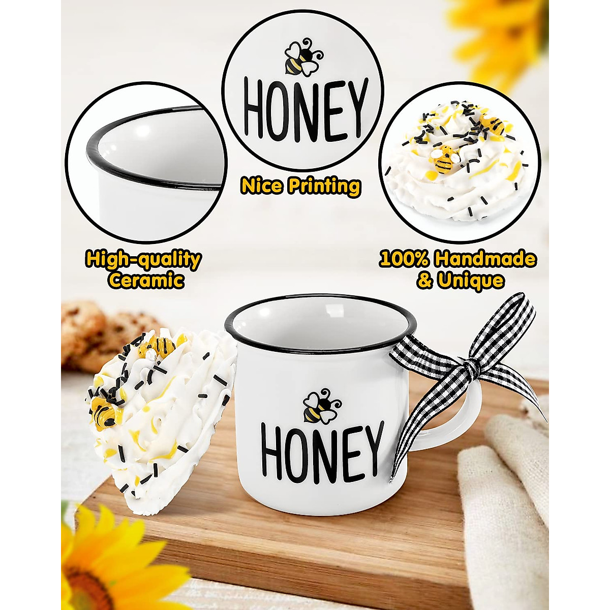 Nefelibata Farmhouse Bumble Bee Tiered Tray Decoration Honey Mini Coffee Mugs with Faux Bee Whipped Cream Toppers Spring Summer Coffee Bar Table Decor Cute Bee Day Party Photo Prop