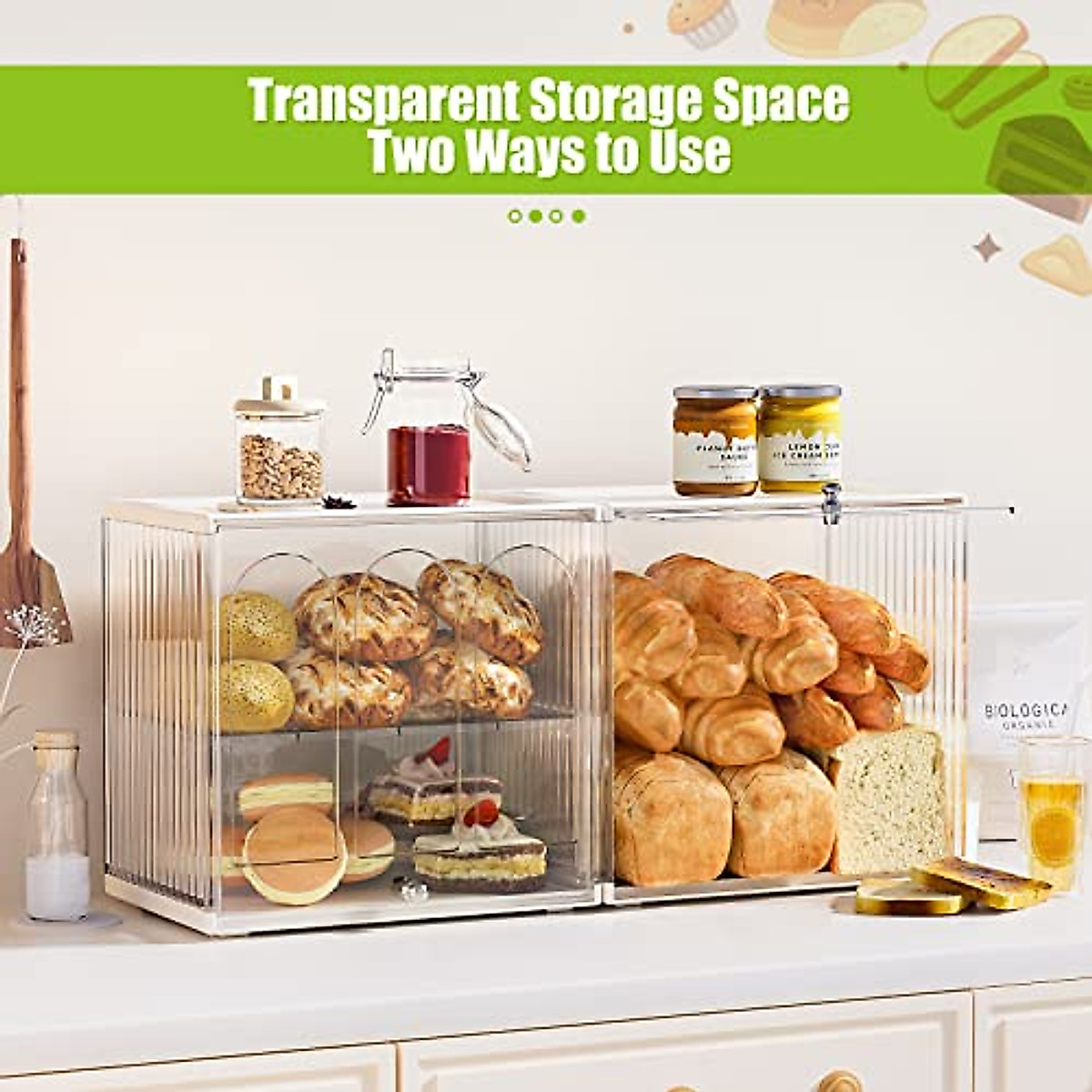 Double Layer Bread Box for Kitchen Countertop, Clear Bread Container, Large Bread Storage, Bread Boxes for Kitchen Counter