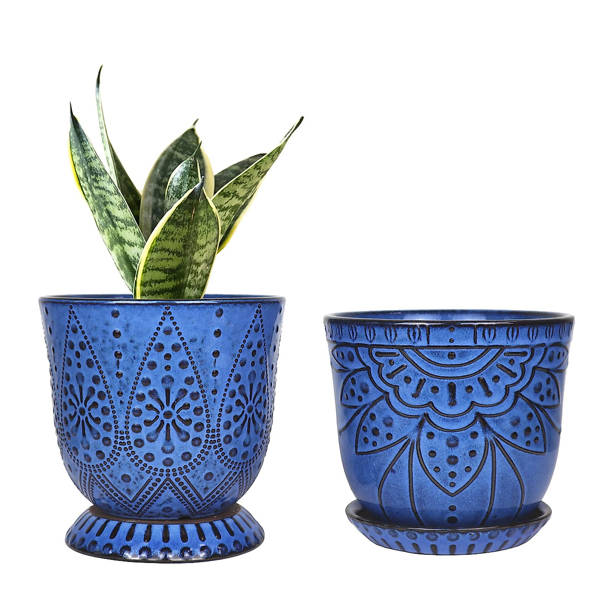 Gepege 6 Inch Beaded Ceramic Planter Set of 2 with Drainage Hole and Saucer for Plants, Indoor-Outdoor Large Round Succulent Orchid Flower Pot (Blue, for Inner-pots not Larger Than 5 Inch)
