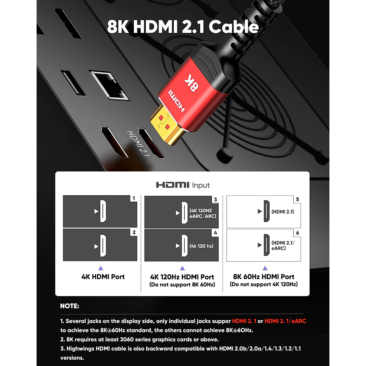 Highwings 8K 10K HDMI 2.1 Cable 6.6FT/2M 2-Pack, Certified Ultra High Speed HDMI Cable Braided Cord-4K@120Hz 8K@60Hz, DTS:X, HDCP 2.2 & 2.3, HDR 10 Compatible with Roku TV/PS5/HDTV/Blu-ray