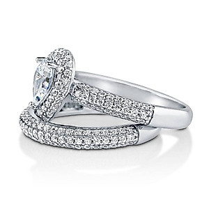 BERRICLE Sterling Silver Halo Wedding Engagement Rings Pear Cut Cubic Zirconia CZ Ring Set for Women, Rhodium Plated Size 9