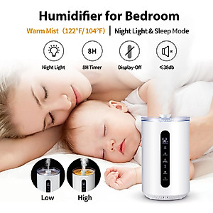 Tower Humidifiers for Large Room,Hioo 6.6L 1.74Gal Topfill Ultrasonic Warm and Cool Mist Air Humidifier for Bedroom with 8H Timer 360° Nozzle Adjustable Humidistat Night Light for Nursery Home Plant
