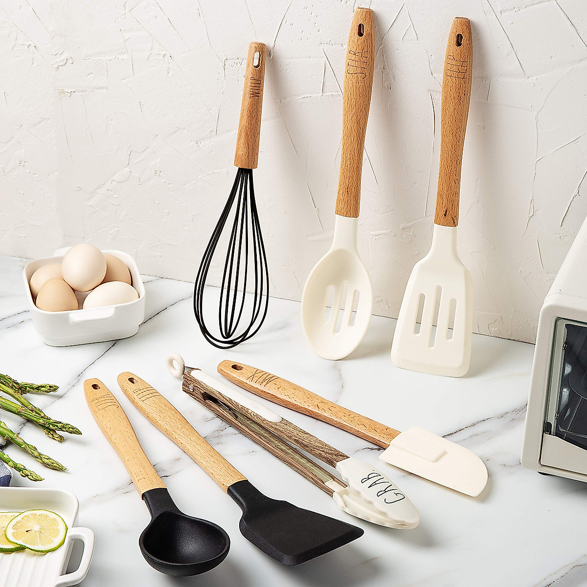 Rae Dunn Everyday Collection 7 Piece Kitchen Utensil Set-Stainless Steel and Silicone Kitchen Tools with Wooden Handles- (Black and White)