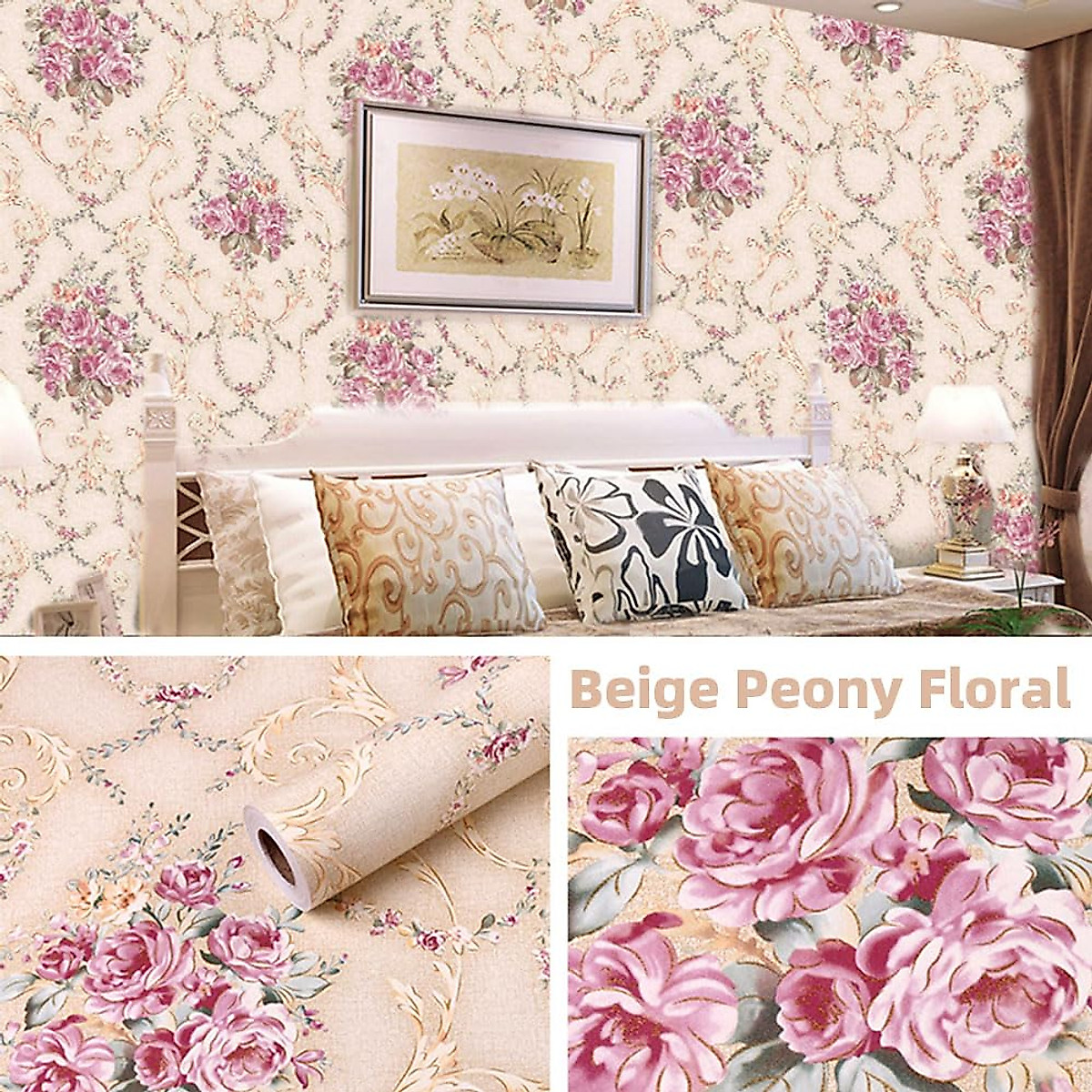 HOYOYO Self-Adhesive Shelf Liners Paper, Removable Self Adhesive Shelf Liner Dresser Drawer Wall Stickers Home Decoration, Beige Peony Floral 17.8 x 118 Inches
