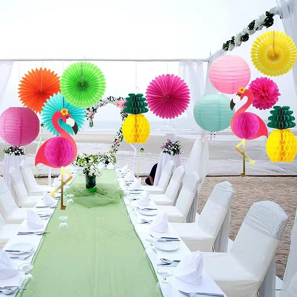 Flamingo Party Honeycomb Decoration, Hanging Paper Fan, Palm Leaf , Pineapple Paper lanternFiesta Party Supplies, Tissue Paper Flowers for Hawaiian Beach Luau Party Birthday Wedding Photo Backdrop