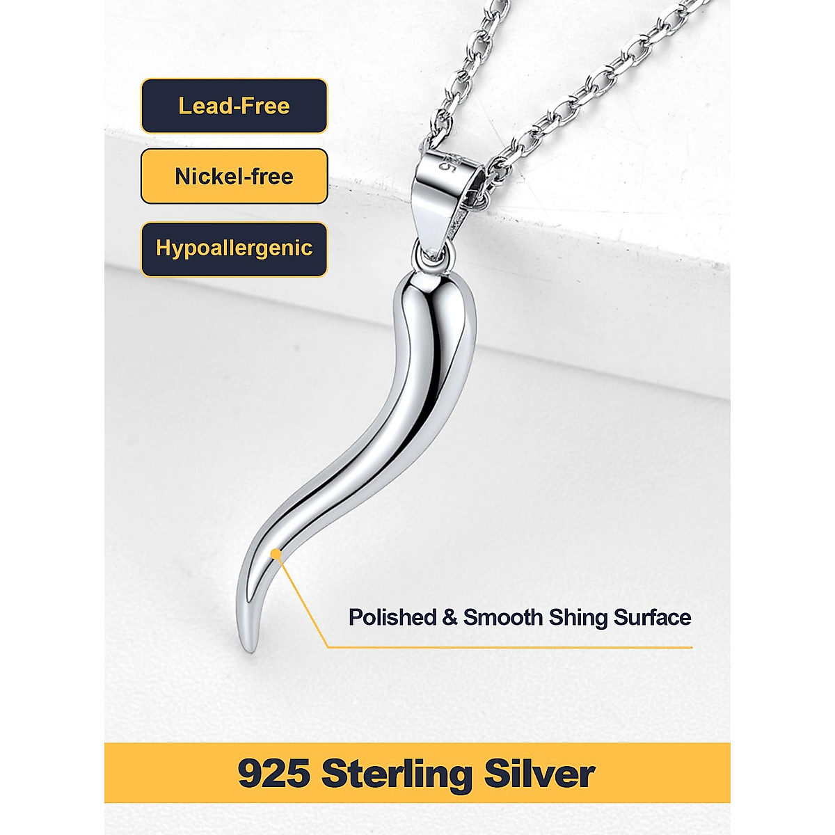 U7 Italian Horn Pendant for Car Sterling Silver Lucky Pepper Pendant Cornicelli Necklace 18 Inch