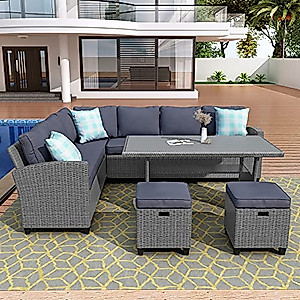 Acquire 5 Pcs Outdoor Conversation Set Patio Furniture Set All Weather Wicker Sectional Couch Sofa Dining Table Chair w/Ottoman&Pillow (Color : B)