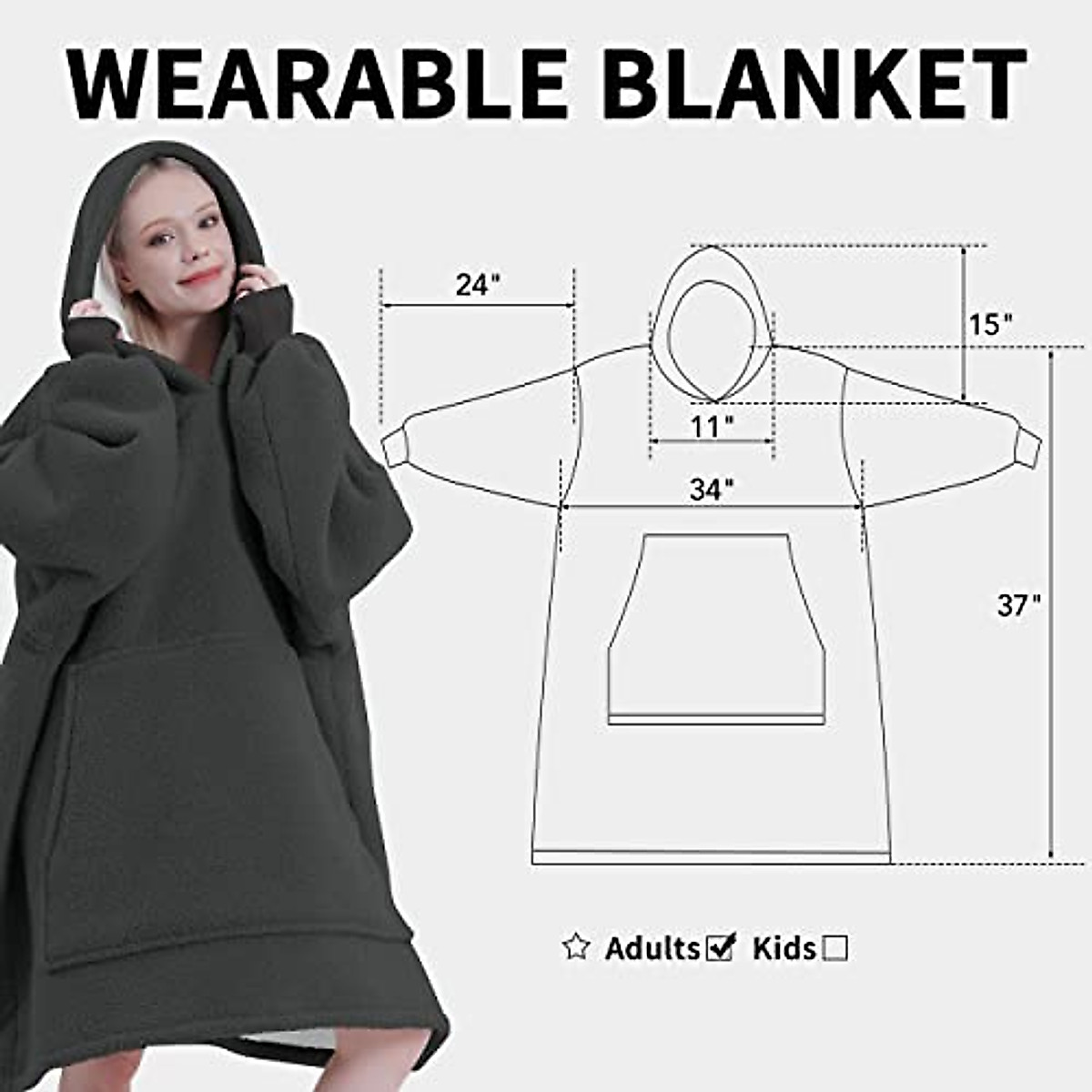 Easy-Going Oversized Wearable Blankets Hoodie for Women and Men, Double Layered Sherpa Blanket Sweatshirt, Adults, Dark Gray